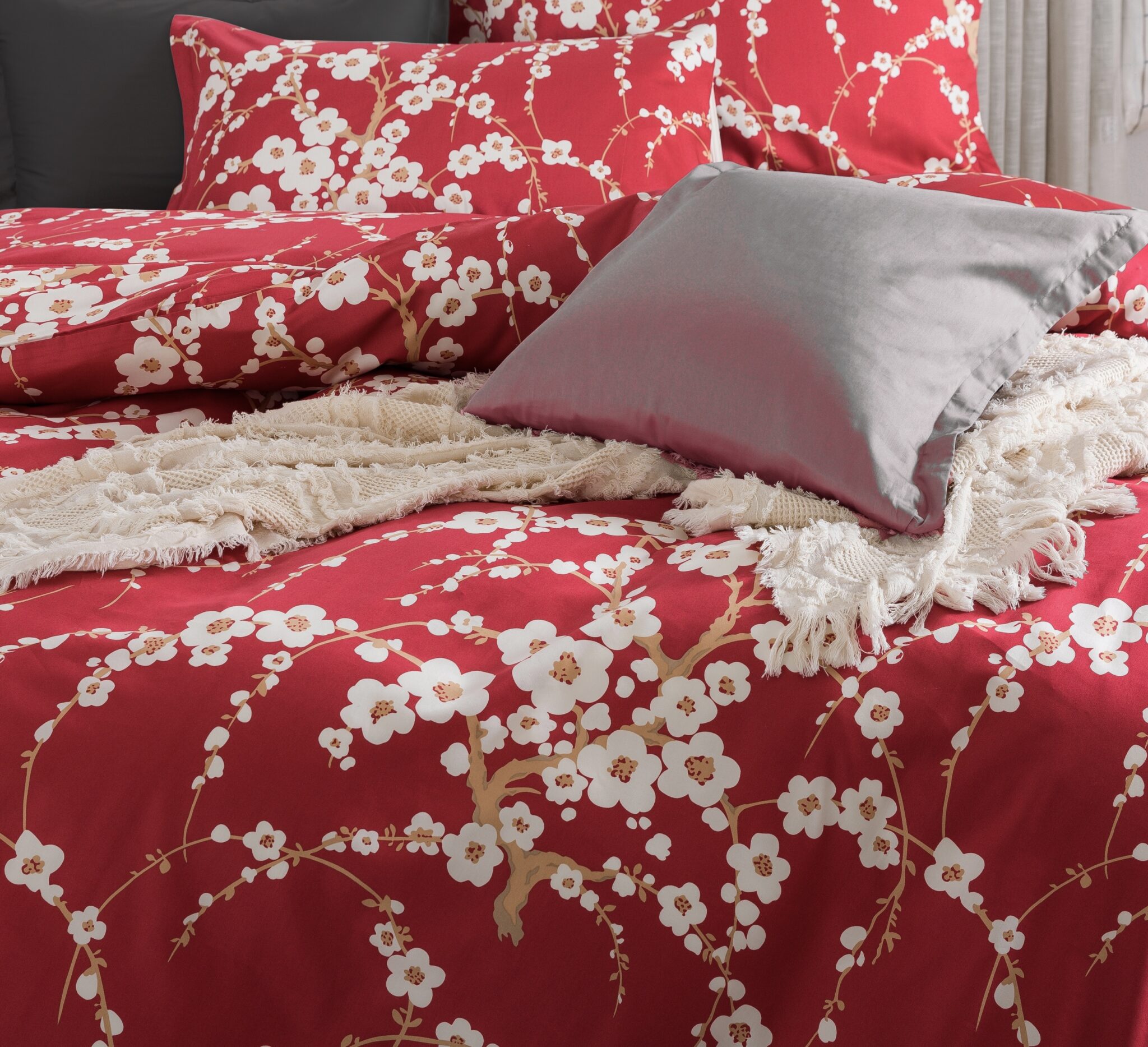 Cherry Blossom Floral Duvet Cover Chinoiserie Chic Style Blooming Vines ...